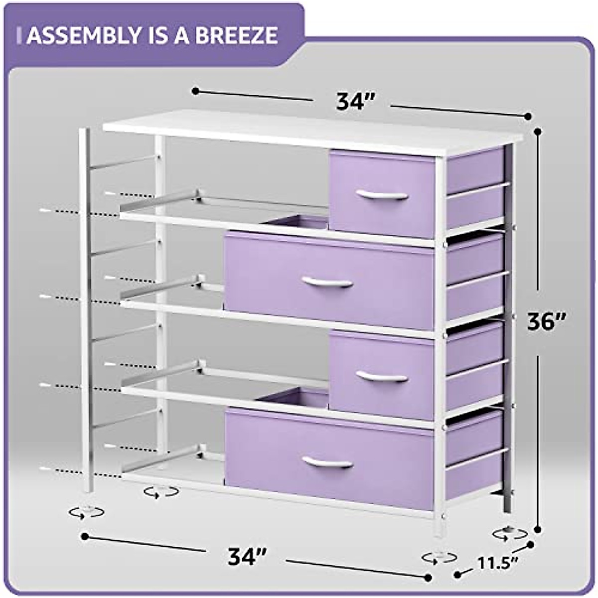 Sorbus Dresser with 8 Drawers - Furniture Storage Chest for Kid’s, Teens, Bedroom, Nursery, Playroom, Clothes, Toys - Steel Frame, Wood Top, Fabric Bins (Purple)