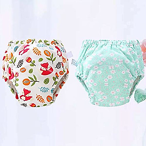 2pcs Breathable Cloth Bag Cotton Washable Nappy Leak Proof Cloth Diaper - Size S(1pc Green Flower, 1pc Fox)