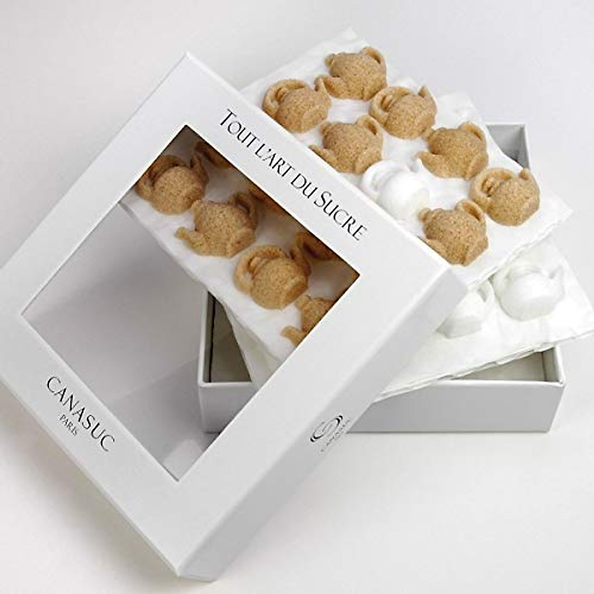 Canasuc Paris, A La Bonne Heure, Pur Sucre de Canne,"Window Gift Box" of 32 Assorted French Molded Teapot Sugar Pieces, White & Amber, 3.35 Oz