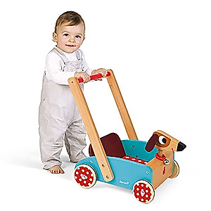 Janod Crazy Doggy Cart – Adorable Wooden Push Toy Walker with Storage – Dog Bell Rings When the Cart is Pushed - Encourages Walking and Discovery – Ages 1+ years.