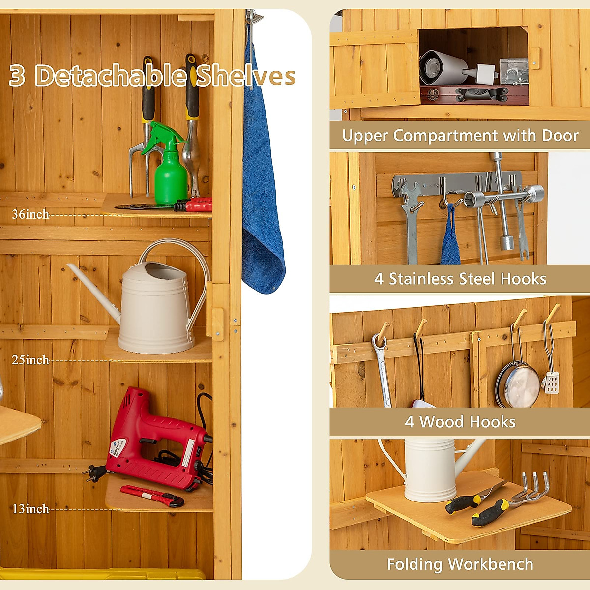 IRONMAX Outdoor Wooden Storage Shed, 71 Inches Outside Vertical Tool Storage Cabinet w/Folding Table & Removable Shelves, Tall Wood Garden Shed for Patio, Deck, Backyard, Lawn