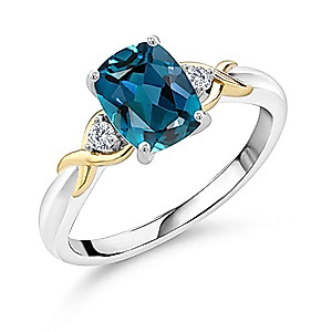 Gem Stone King 925 Silver and 10K Yellow Gold 8X6MM Cushion Cut Gemstone Birthstone and 2MM White Lab Grown Diamond 3-Stone Engagement Ring | Wedding Anniversary Promise Ring For Women