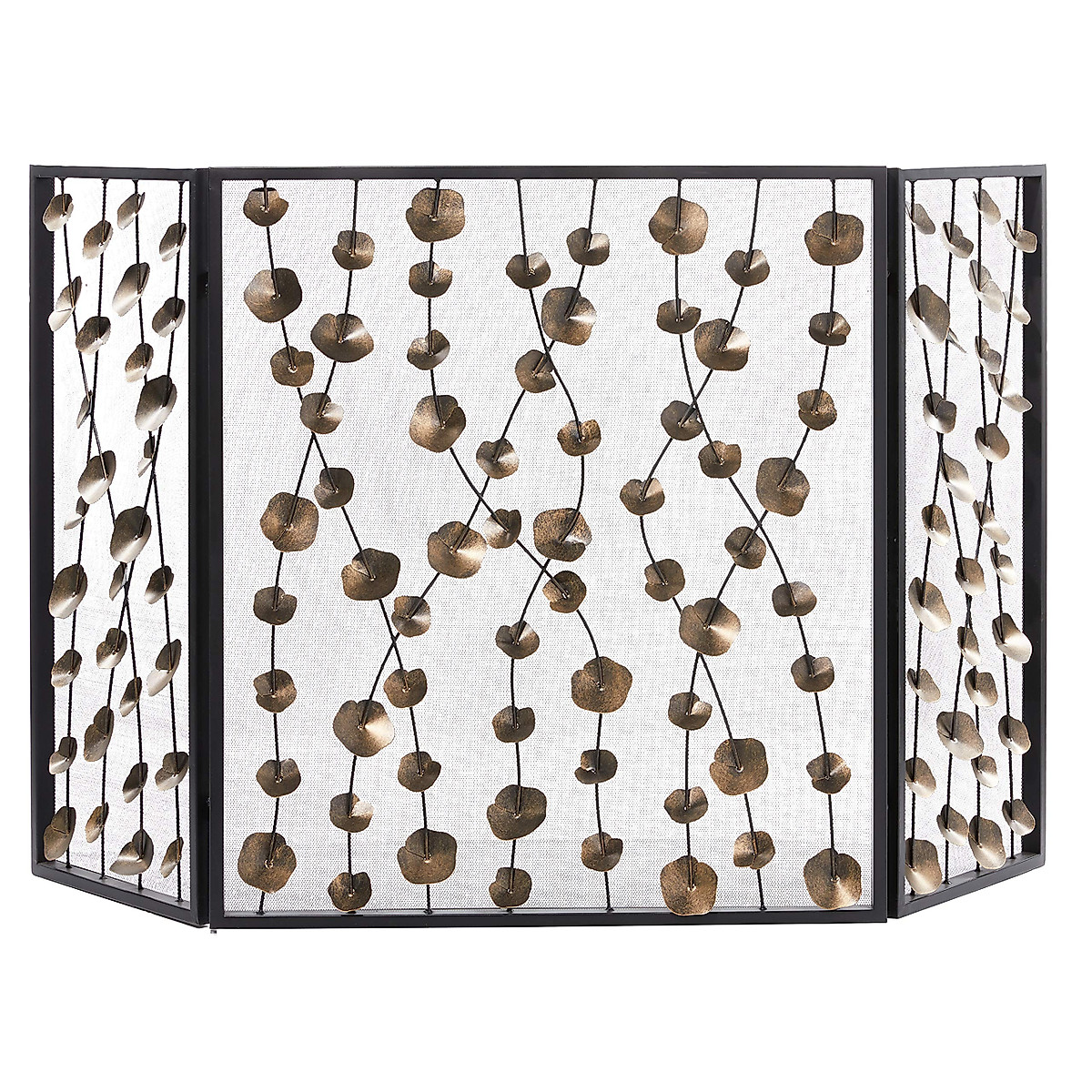 Deco 79 Metal Floral Foldable Mesh Netting 3 Panel Fireplace Screen with 3D Floral on Vines, 56" x 1" x 32", Gold