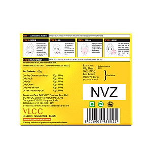 VLCC Gold Facial Kit - Single Use | Salon Like Facial at Home in Just 6-Steps | Includes Cleanser, Scrub, Cream, Face Pack & Moisturizing Gels | 2.12 Oz/60g