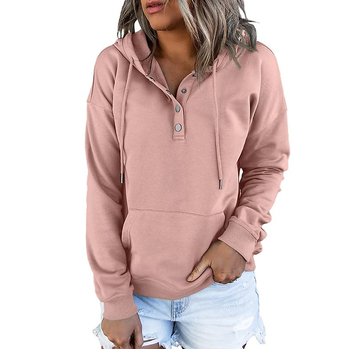 Dokotoo Womens Ladies Winter Sweatshirt for Women Comfy Simple Plain Drawstring Hoodies Front Button Collar Fleece Long Sleeve with Pockets Hooded Pullovers Casual Loose Fit Fall Tops Shirts Large