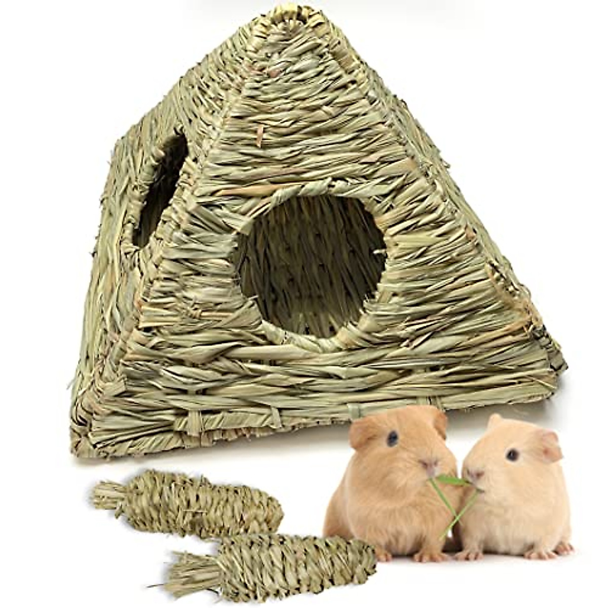 Chngeary Guinea Pig House, Natural Grass Hand Woven Guinea Pig Hideout, Pyramid Style Small Animal Hut, Top and Bottom Part Free Design for Easy Cleaning, Toys for Hamsters, Bunny, Gerbils