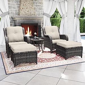 Gardenbee 5 Pieces Patio Conversation Set, Two Wicker Chairs, A Side Table and Two Ottomans with 3.5-inch Seat Cushions for Backyard, Balcony and Deck, Beige