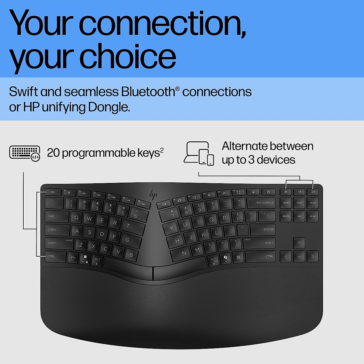 HP 960 Ergonomic Wireless Keyboard - Connect 3 Devices with Bluetooth & Unifying Dongle Connectivity - 20 Programmable Keys, Detached Numeric Keypad - Extra-Large Foam Wrist Rest, Long Battery Life