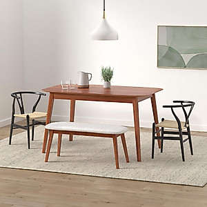 Polynices Wishbone Chair, Weave Modern Solid Wood Mid-Century Y Shaped Backrest Dining Chair (Black + Natural Set of 2)