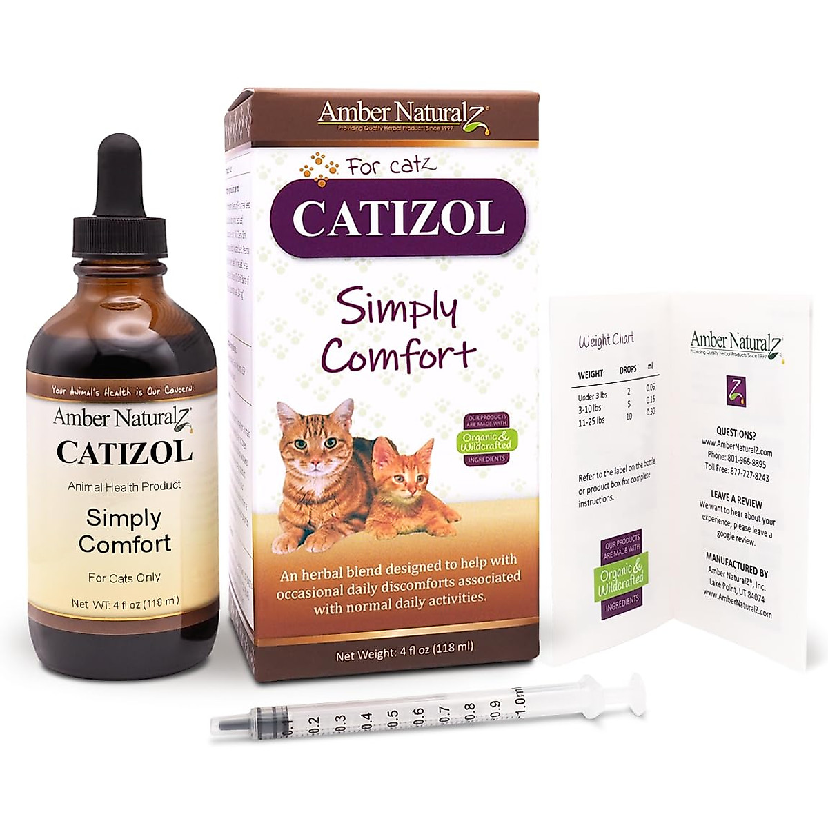 Amber NaturalZ Catizol Simply Comfort Herbal Supplement for Cats | Feline Support for Occasional Discomforts and Normal Body Temperature | 4 Fluid Ounce Glass Bottle | Manufactured in The USA