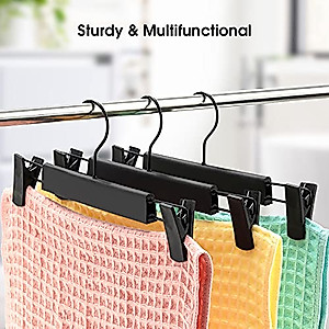 GUANJUNE 10 Pack Clothes Pants Hangers, Space-Saving Skirt Holders with 360 ° Swivel Hooks, Adjustable Clips, Trouser Hangers, Clothes Coat Garment Jeans Hangers, Black