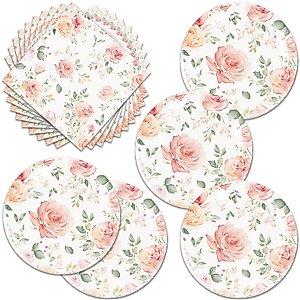 ZPMC Floral Party Plates and Napkins ， Pink Spring Flower Theme Party Tableware Set Watercolor Floral Tea Party Decorations Favors for Bridal Baby Shower plates