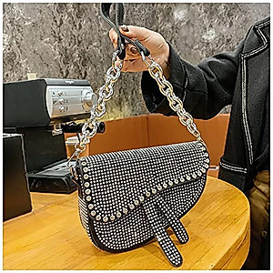 Rhinestone Saddle Bag for Women Rhinestone Crossbody Evening Bag,Clutch Bag Rhinestone Handbag Leather Crossbody Shoulder Purse (Silver)