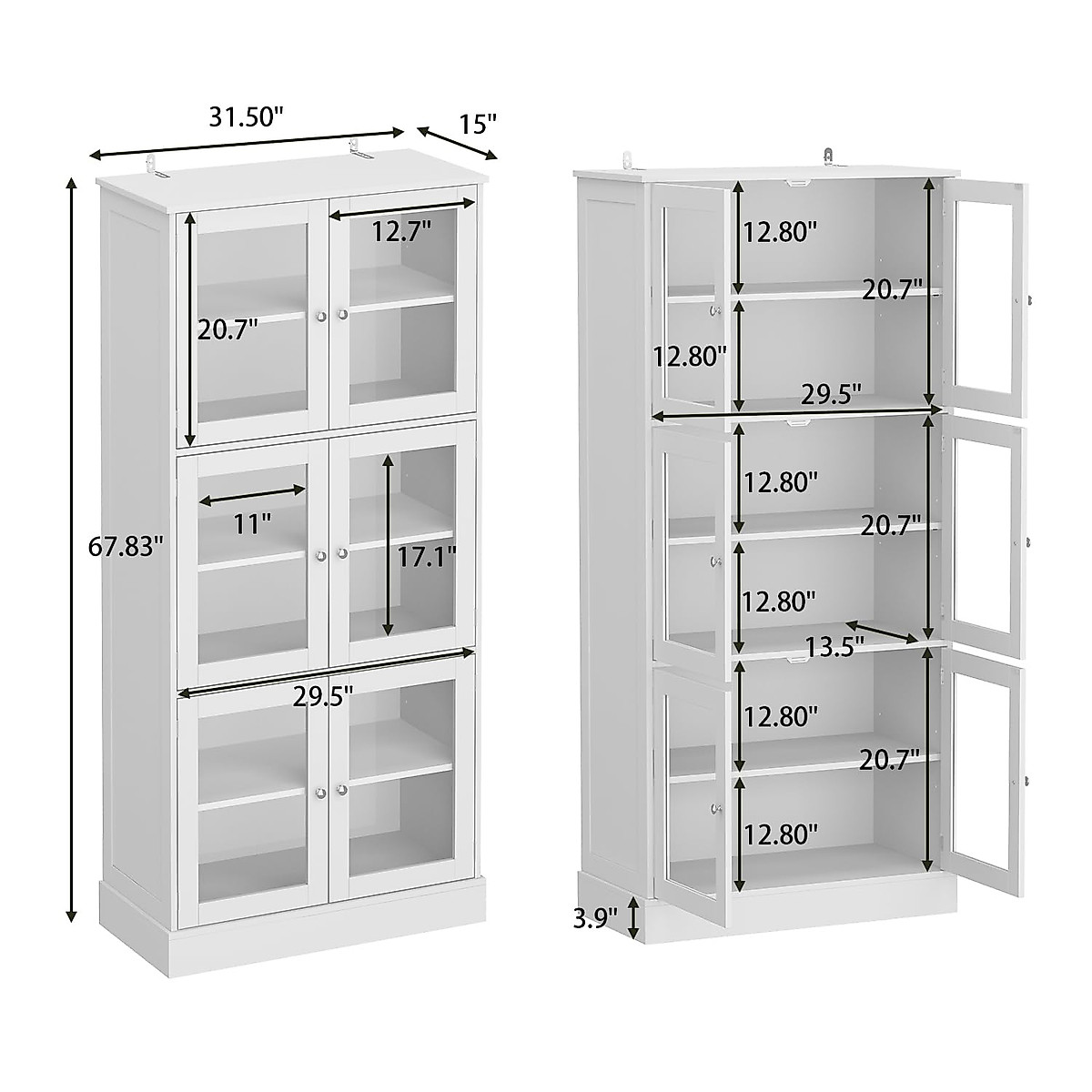 ECACAD 67.9" H Modern Bookcase Storage Cabinet with 6 Glass Doors & Adjustable Shelves, 6-Tier Wood Bookshelf Display Cabinet for Living Room & Office, White