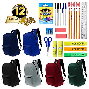 Moda West 15 Inch Bulk Backpacks with 36 Piece School Supply Kits - Case of 12 in 6 Assorted Colors