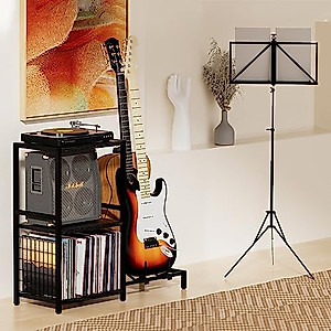 YAKANJ End Table with Guitar Stand,Record Player Stand,Vinyl Records Storage,2-Tier Guitar Stand for Acoustic, Electric Guitar,Bass,Turntable Stand Side Table for Music Room Studio Living Room-Black