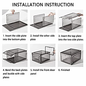 BYFU Shoe Box Drop Front Set of 6, Plastic Stackable Shoe Storage Boxes with Lids, Sneaker Display Case Shoe Organizer Bins for Closet, Easy Assembly (Dark Grey)