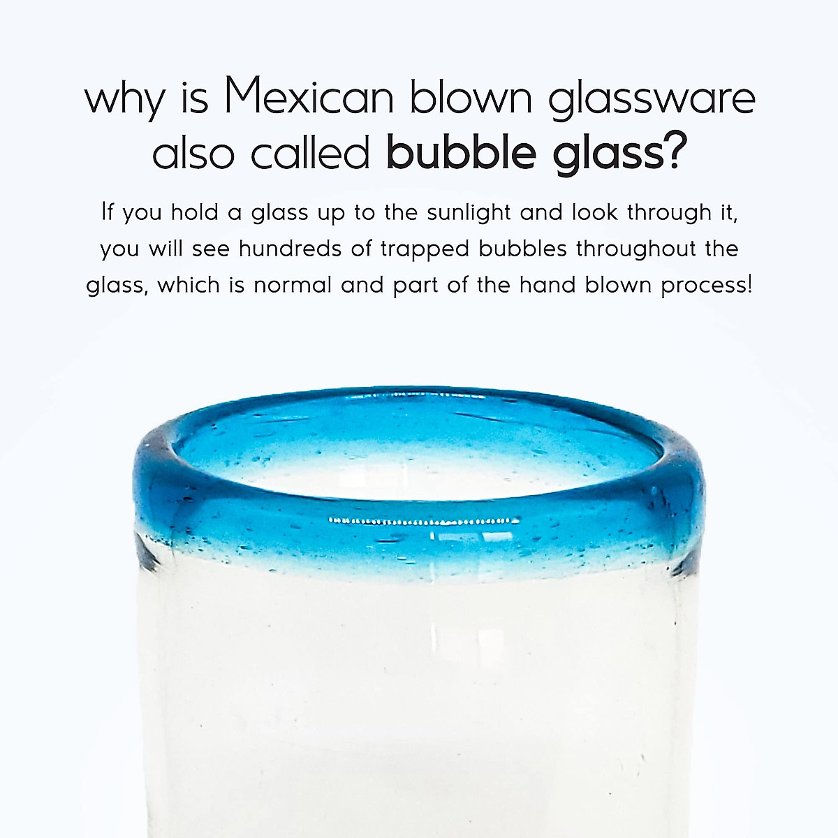 MexHandcraft Aqua Blue Rim 20 oz Tall Iced Tea Glasses, set of 6, Mexican Handmade Glassware, Recycled Glass, Lead & Toxin Free (Tall Iced Tea)