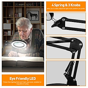 KMDES Magnifying Glass with Light and Stand, 10X Real Glass LED Magnifying Lamp, 3 Color Modes 10 Level Dimmable Lighted Magnifying Glass, 2-in-1 Magnifier Desk Lamp & Clamp for Reading Crafts Repair
