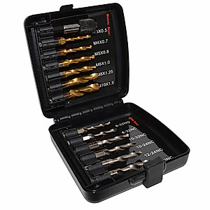 puseky 12pcs Combination Screw Tapping Bit Set Titanium Spiral Flute Drill Taps Thread Tapping Tool with Storage Case SAE/Metric