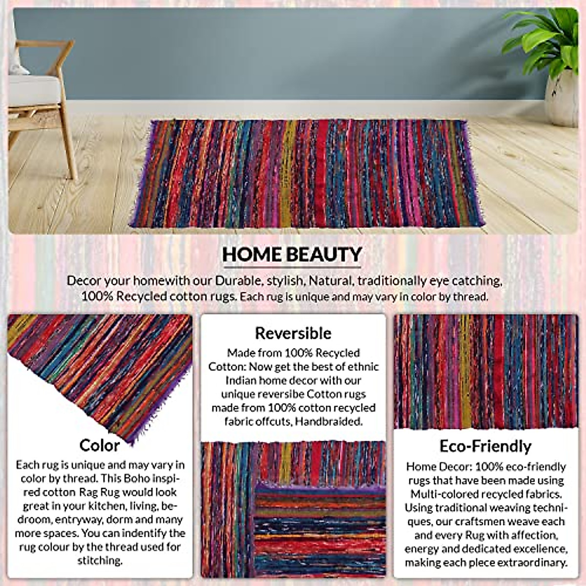 Ekakshx Multi Color Chindi Rag Rug 4X6'| Hand Woven Rug & Reversible Runner Rug | Recycled Cotton Colorful Chindi Rug for Living Room Kitchen | Rustic Rug | Runner Rugs (4 * 6 Feet, Purple Color)