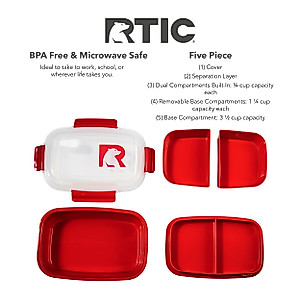 RTIC 5 Compartment Lunch Containers, Hot Food Container With Lid For Adults Or Kids, Microwave Safe Divided Snack Lunch Box For Work, School Or Travel, Reusable, BPA Free With Vent Space, Red