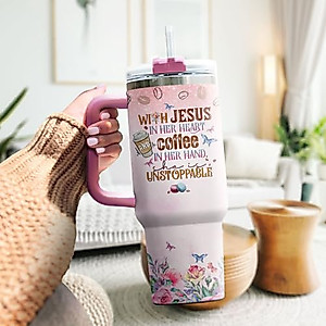 99OWL Insulated Handle Men Primrose Flower Camelia Butterfly Religious Women Yellow Simple Tumblers, Christian Gifts, Tumbler 40 Oz With Handle Lid And Straw, Jesus And Coffee Floral