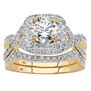 PalmBeach Jewelry Yellow Gold-Plated or Platinum-Plated Sterling Silver Round Cubic Zirconia Bridal Ring Set Size 6