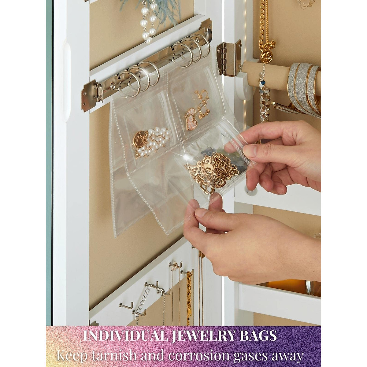 LUXFURNI Mirror with Storage, Jewelry Cabinet Armoire, Door/Wall Mounted LED Jewelry Organizer, Interior Mirror, Lockable, White