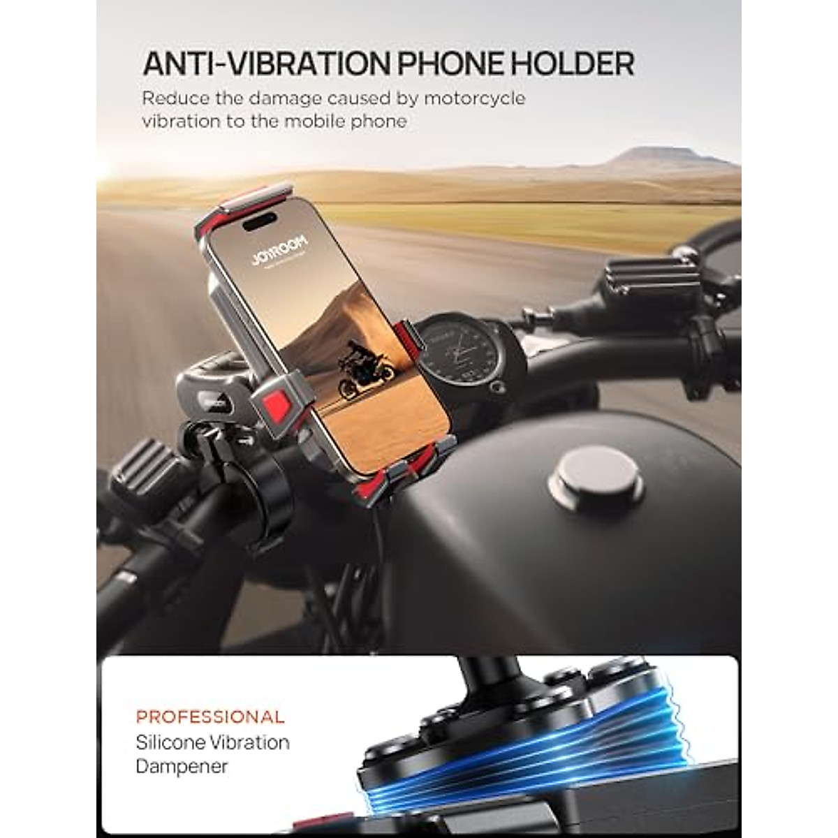 JOYROOM Aluminum Alloy Motorcycle Phone Mount with Vibration Dampener, Motorcycle Phone Holder for Motorcycle Harley Bike Bicycle Scooter ATV/UTV, Compatible with iPhone, Samsung, All Cell Phones