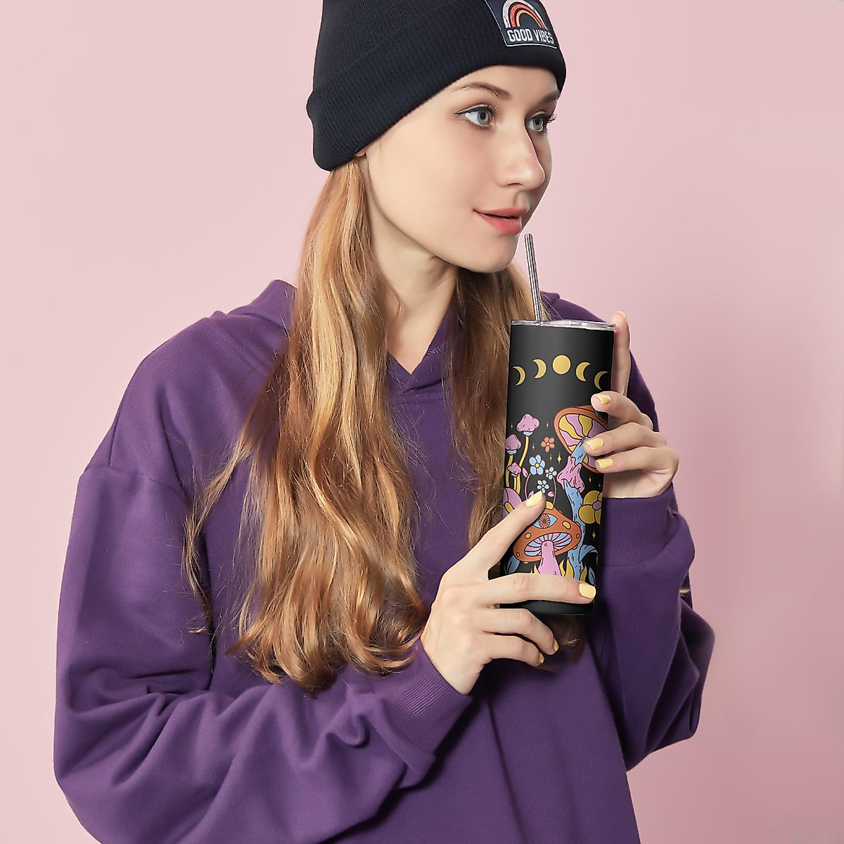 thmasamwr Mushroom Skinny Tumbler With Straw and Lid, Stainless Steel 20oz Coffee Travel Mug, Cute Moon and Mushroom Cups for Mushroom Lovers Gifts for Women and Girls