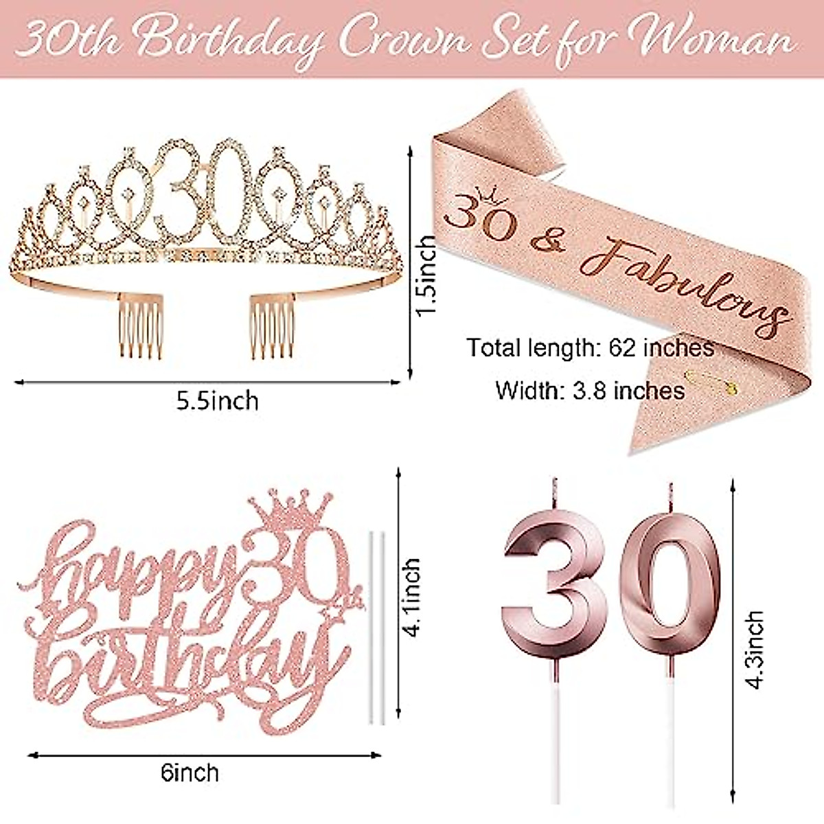 SINTENILL 30th Birthday Decorations for Women, Including 30th Birthday Crown/Tiara, Sash, Cake Topper and Candles, 30 Anniversary Party Decor 30th Birthday Gifts for women