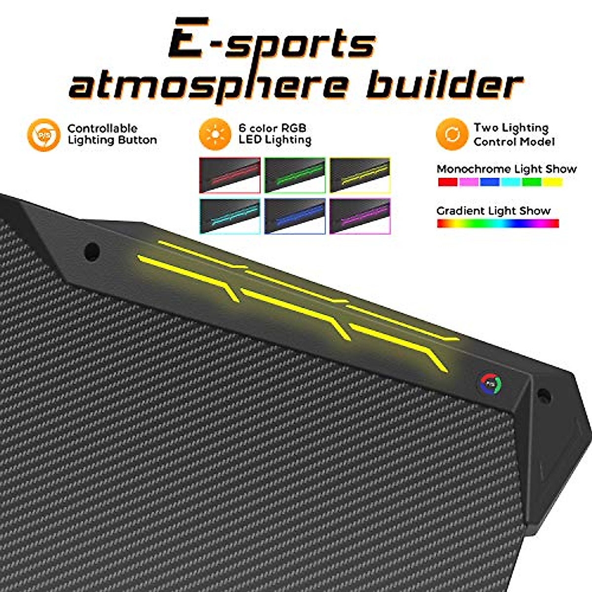 DESIGNA Gaming Desk with LED Lights, 44.8 inch Home Office Computer Desk with Free Mouse Pad, Ergonomic E-Sport Style Gamer Desk with USB Handle Rack, Cup Holder & Headphone Hook,Black