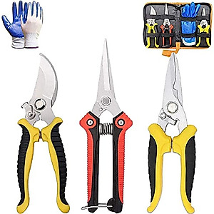 Garden Secateurs, Stainless Steel Pruning Shears, Garden Bonsai Tools, 3 Pack Ergonomic Garden Secateurs Set for Fruit Branch, Hedge, Fruits & Vegetables, Plants(With Garden Gloves and Box)