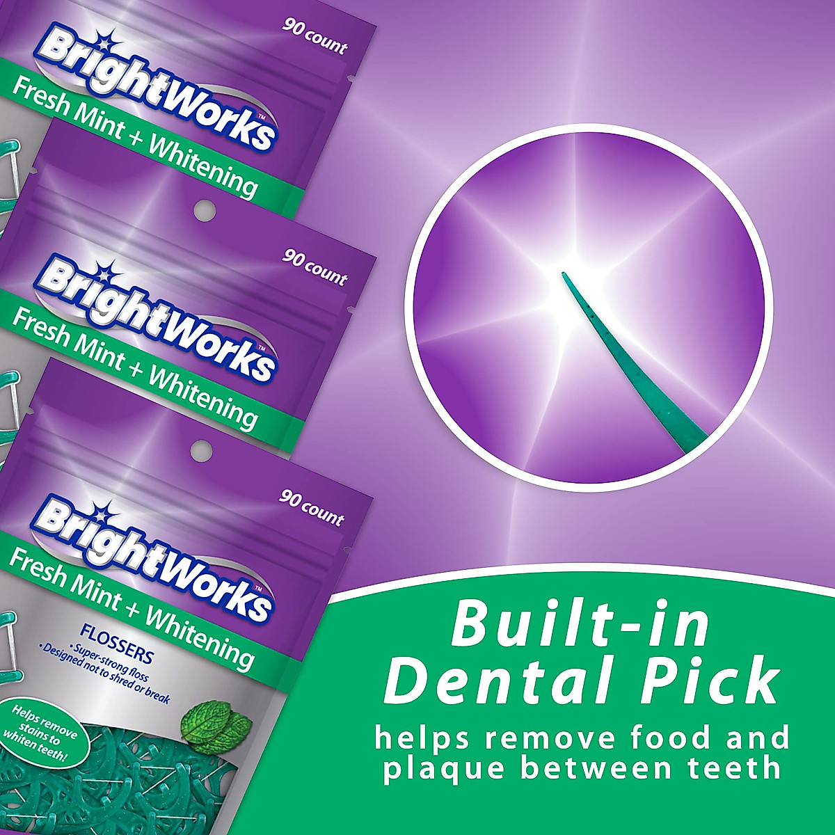 270 Piece BrightWorks Fresh Mint + Whitening Dental Flossers, with Super-Strong Floss for Adults, with Mint-Flavored Floss and Micro-Crystals, 90 Count (Pack of 3)
