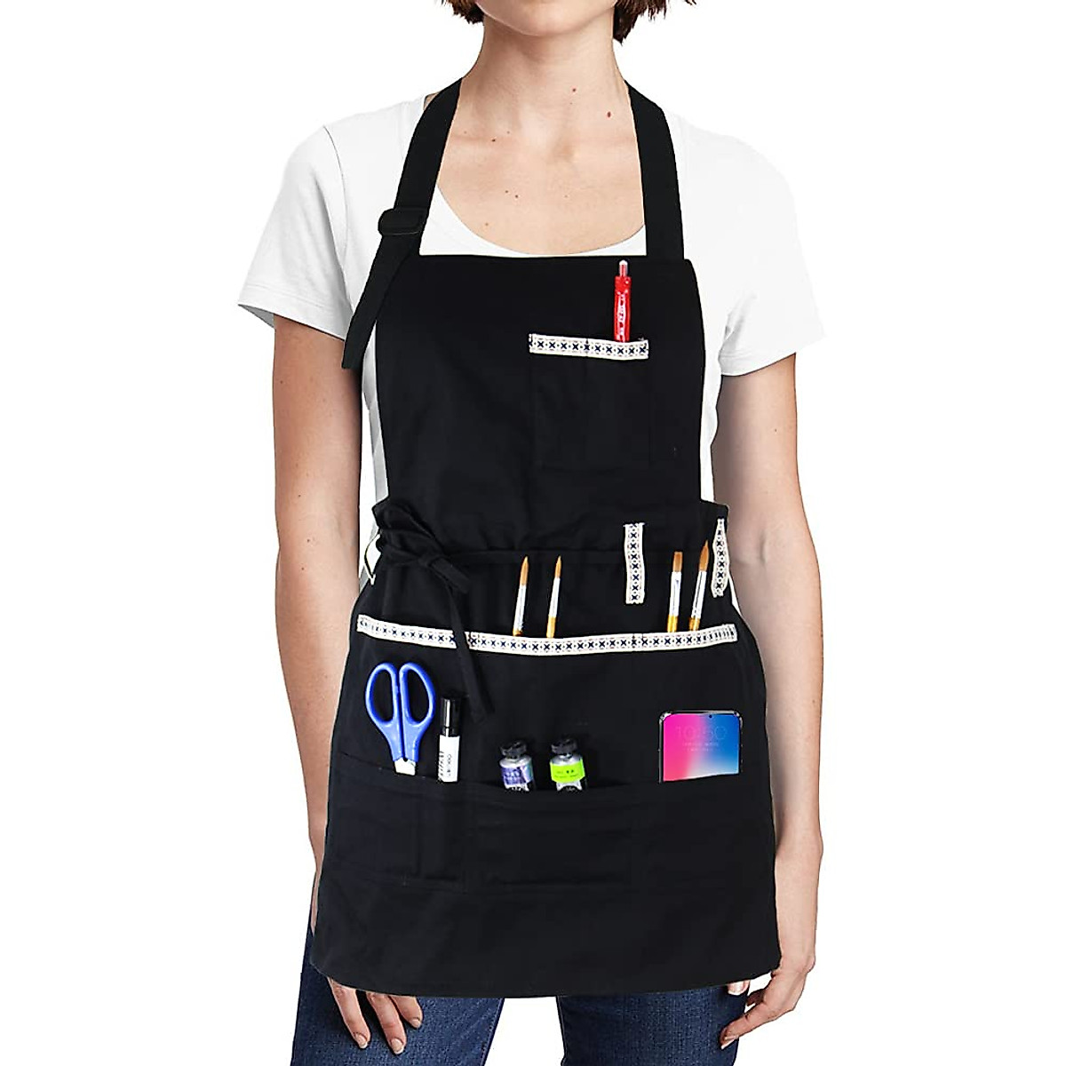 FreeNFond Adjustable Artist Apron with Pockets for Women Men Canvas Painting Aprons for Arts Gardening Utility or Work