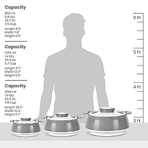Milton Casserole for Hot Food, Double Walled Insulated Inner Stainless Steel Hot Pot with Lid, Serving box for Food and Roti, Serving Bowl, Set of 3 (Size 62, 45, 28 oz) Venice, Grey