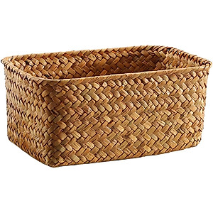Home Decor Seagrass Storage Baskets Rectangular Wicker Storage Basket Snack Storage Bins Woven Basket Bins Rattan Storage Organizer for Shelf Storage Bins