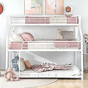 DEYOBED Twin XL Over Full XL Over Queen Metal Triple Bed Bunk Bed with Dual Ladders - Space-Saving Sleep Haven for Kids, Teens, Adults