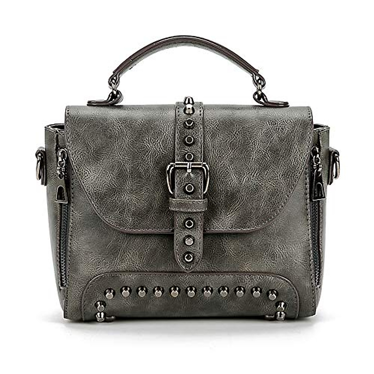 Mn&Sue Women Rivet Studded Crossbody Bag Vintage Top Handle Satchel Motorcycle Style Shoulder Messenger Purse for Lady (#1 Dark Grey)