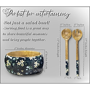 Antique Vibes Natural Wooden Serving Bowl with Tongs Set, Spoons & Fork Included, Premium Handcrafted Printed Bowl Utensils Gift For Mom/Women