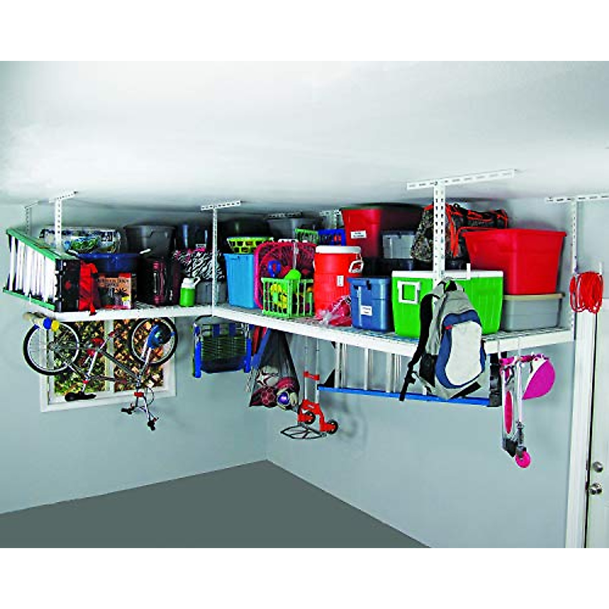 MonsterRax Overhead Garage Storage Rack- 4 x 8 Ceiling Rack for Garage Shelving, Organization, & Storage, Adjustable Hanging Storage for Bikes, Equipment & Accessories (White, 18"-33", 2-Pack).