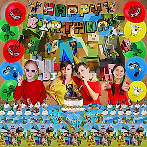 HUG-CHUMS Game Birthday Decorations Party Supplies for Boys & Girls - Happy Banner Backdrop Tableware Set Tablecloth Cake Topper Cupcake Toppers Latex Balloons Hanging Swirls - Christmas Stuff