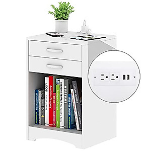 HOSEOKA White Nightstand with Charging Station 2 Drawer Bedroom Nightstand Wood Sofa Side Table End Table with USB Ports and Storage, Small Kids Nightstand