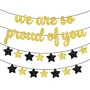 We Are So Proud Of You Banner, Glitter - Big 10 Feet with Star Garland | Graduation Banner, Graduation Decorations 2023 | Black and Gold Graduation Party Decorations 2023 | Congratulations Decorations
