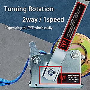 TYT 600LB Boat Trailer Winch with 6M Blue Strap, Gear Ratio 3.2:1 Crank Gear Hand Winch, Portable Two-Way Ratchet Hardened Steel Manual Rope Winch for Towing ATV UTV Jet Ski Trailer Small Winch