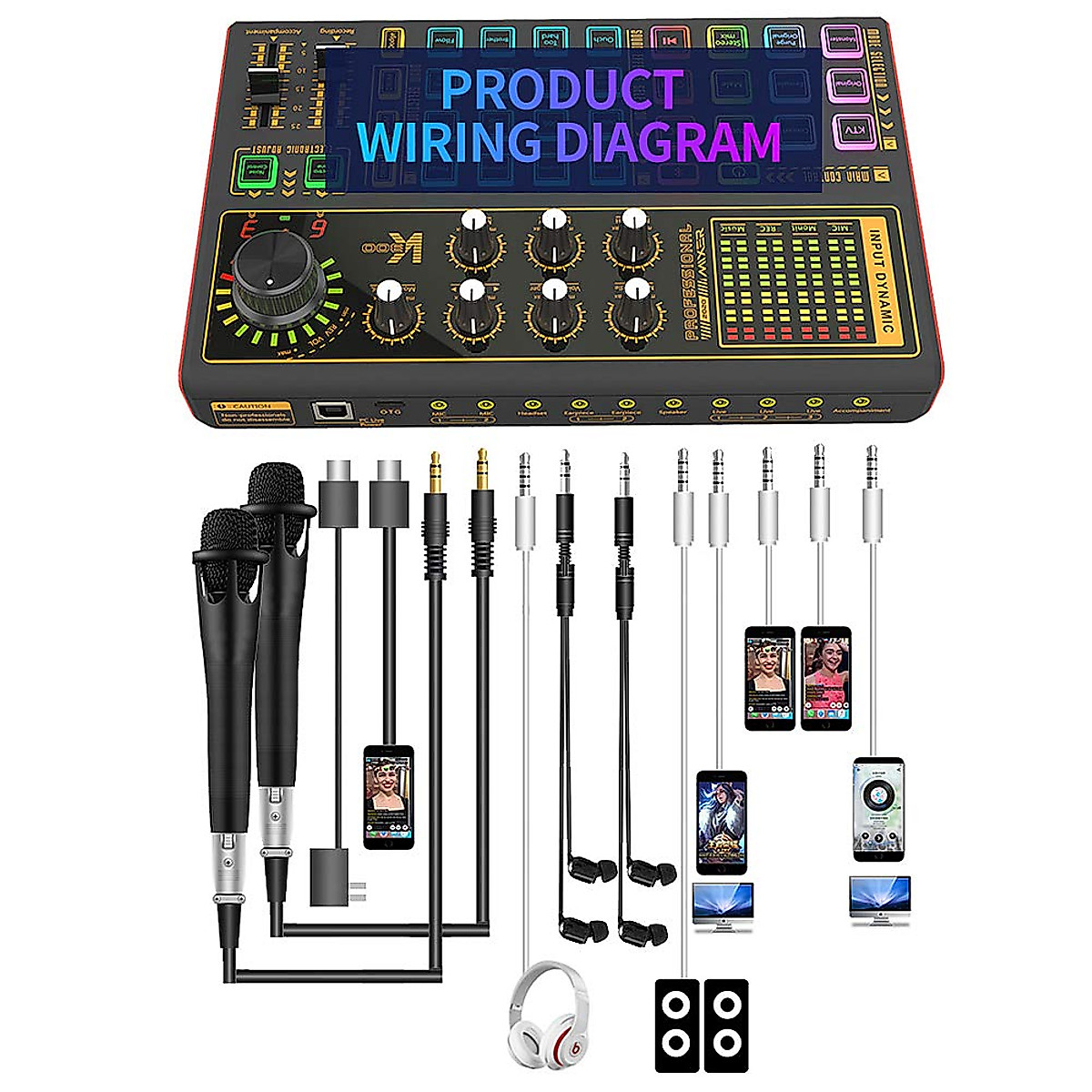 Professional Audio Mixer, K300 Live Sound Card and Audio Interface Sound Board with Multiple DJ Mixer Effects,Voice Changer and LED Light, Prefect for Streaming/Podcasting/Gaming/Recording/YouTube/PC