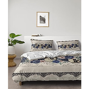 Blue Black Rose Skull Halloween Duvet Cover Sets 4 Piece Twin Ultra Soft Bed Quilt Cover Set for Kids/Teens/Women/Men,Retro Floral Vintage Linen Bedding Collection All Season Use