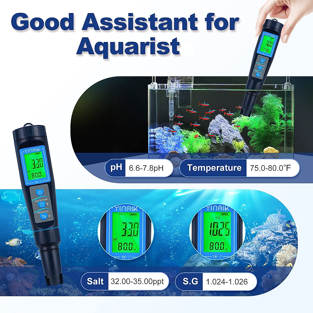 YINMIK 7 in 1 Digital pH TDS EC ORP Salt S.G Temp Meter with 15 Pack pH Calibration Buffer Powder