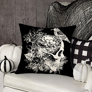 Halloween Decoration Pillow Covers 20x20 Inch Skull Black White Pillow Cases Death Skeleton Floral Bird Crow Modern Urban Retro Hand Drawn Pattern Cushion Covers Decorative Pillows for Home Room Sofa
